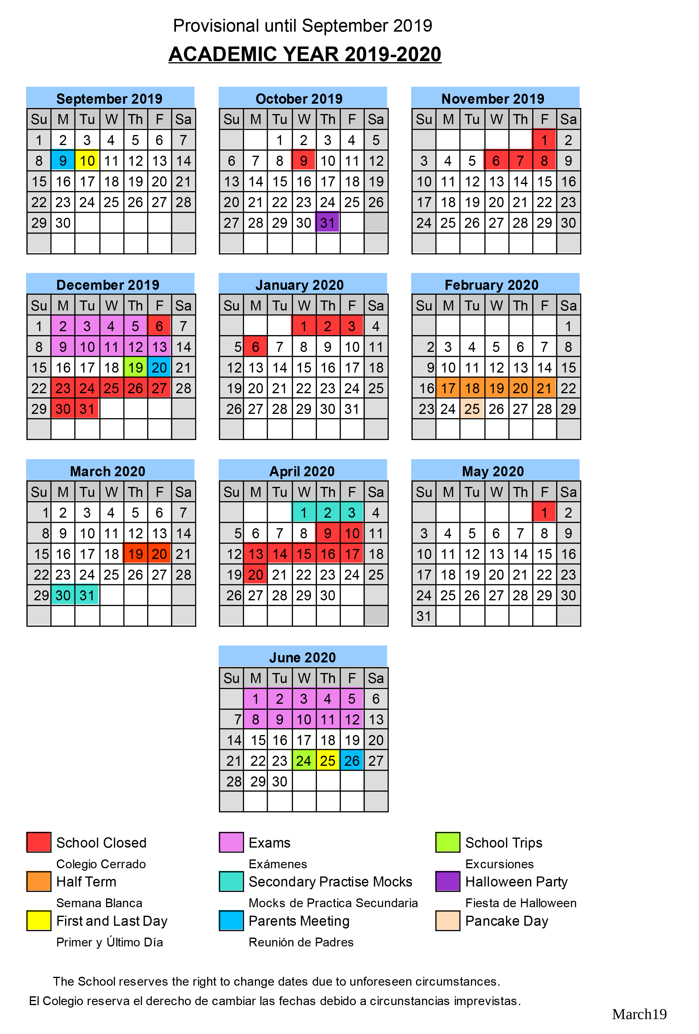 Calendario 2019 - 2020 - Sierra Bernia School